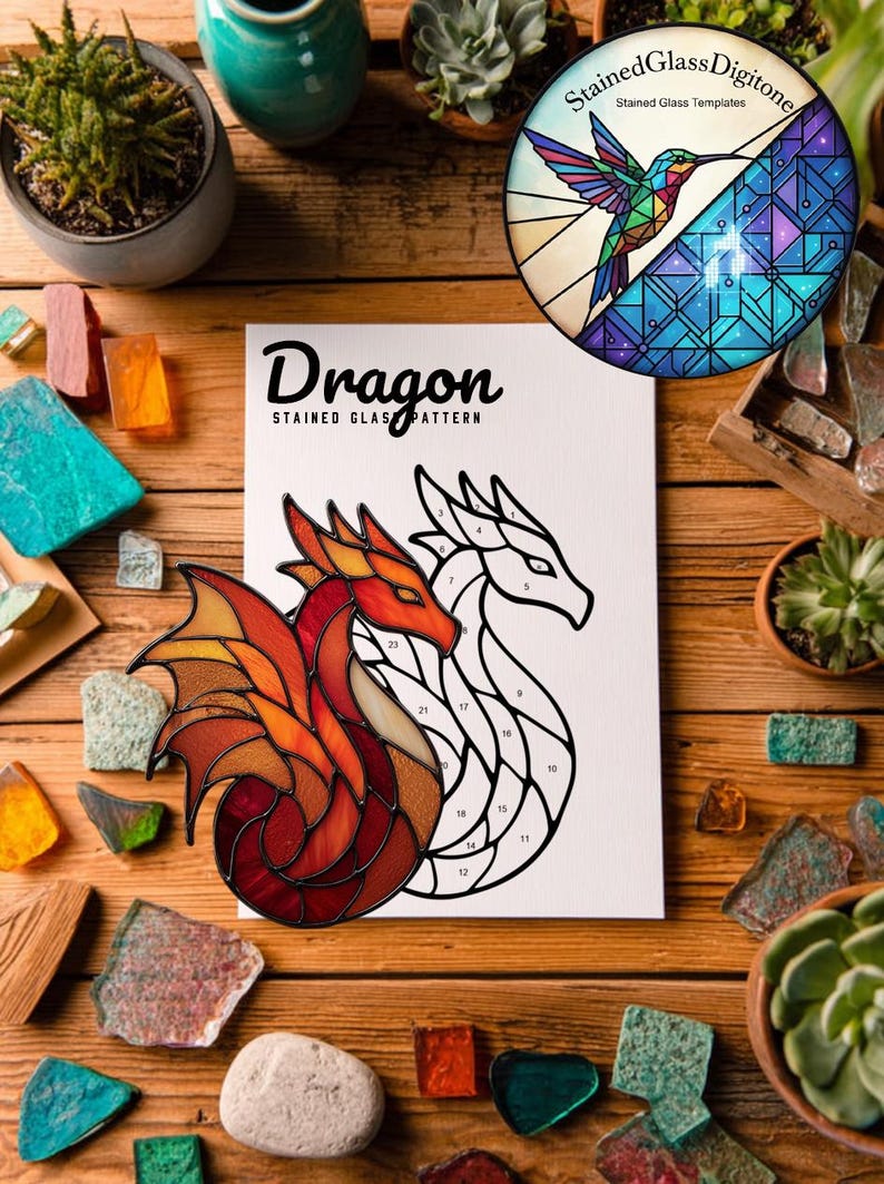 Geometric Dragon Stained Glass Pattern Modern Fantasy Suncatcher ...