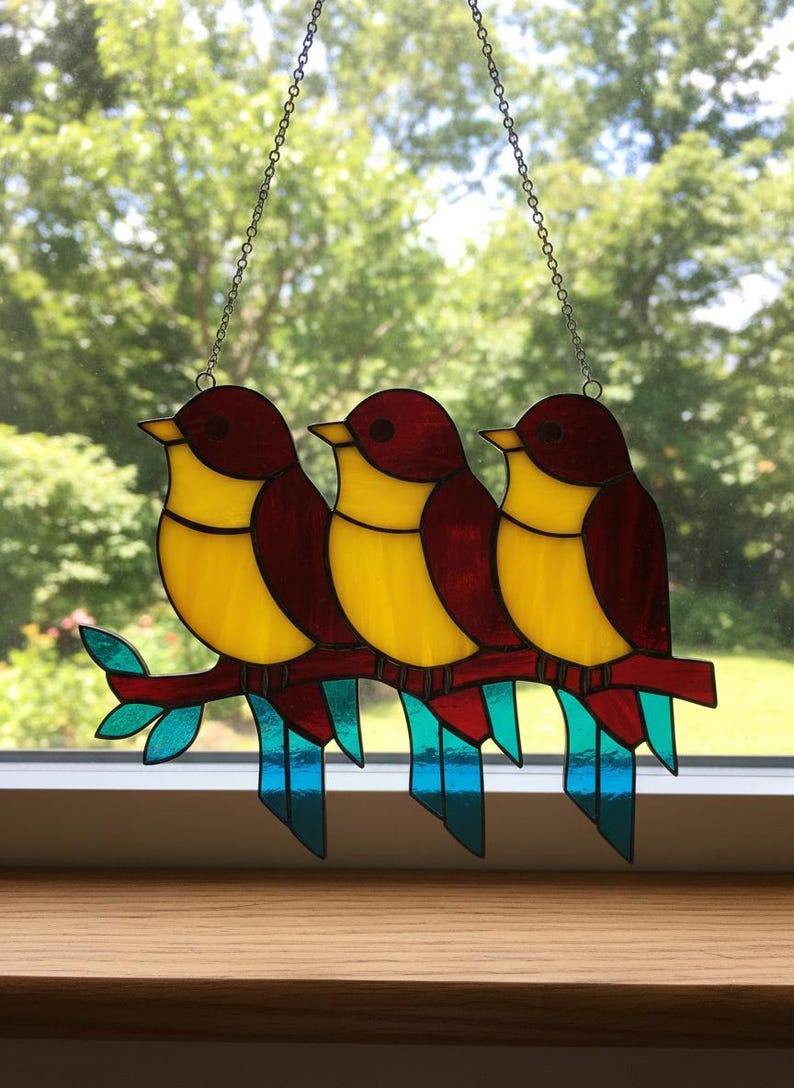 Geometric Three Birds on Branch Stained Glass Pattern Modern Nature ...