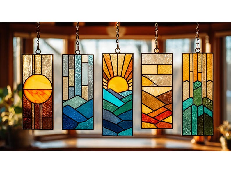 Stained Glass Pattern Bundle: 5 Modern Landscape Suncatcher Templates ...
