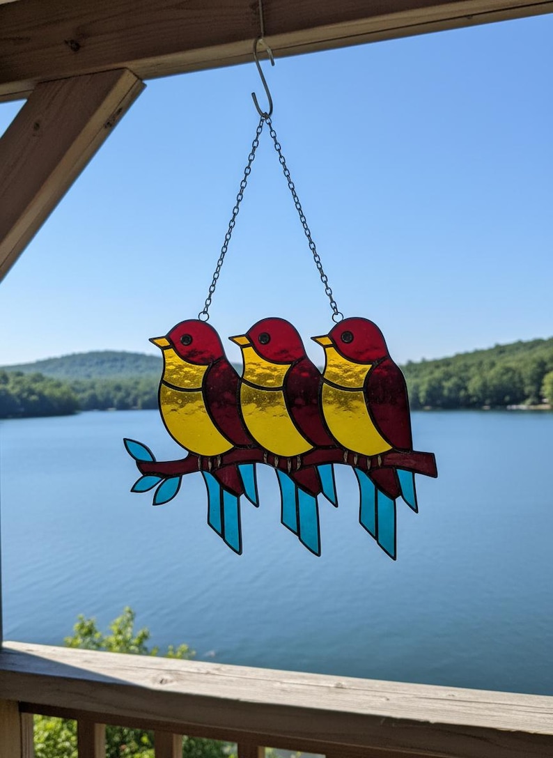 Geometric Three Birds on Branch Stained Glass Pattern Modern Nature ...