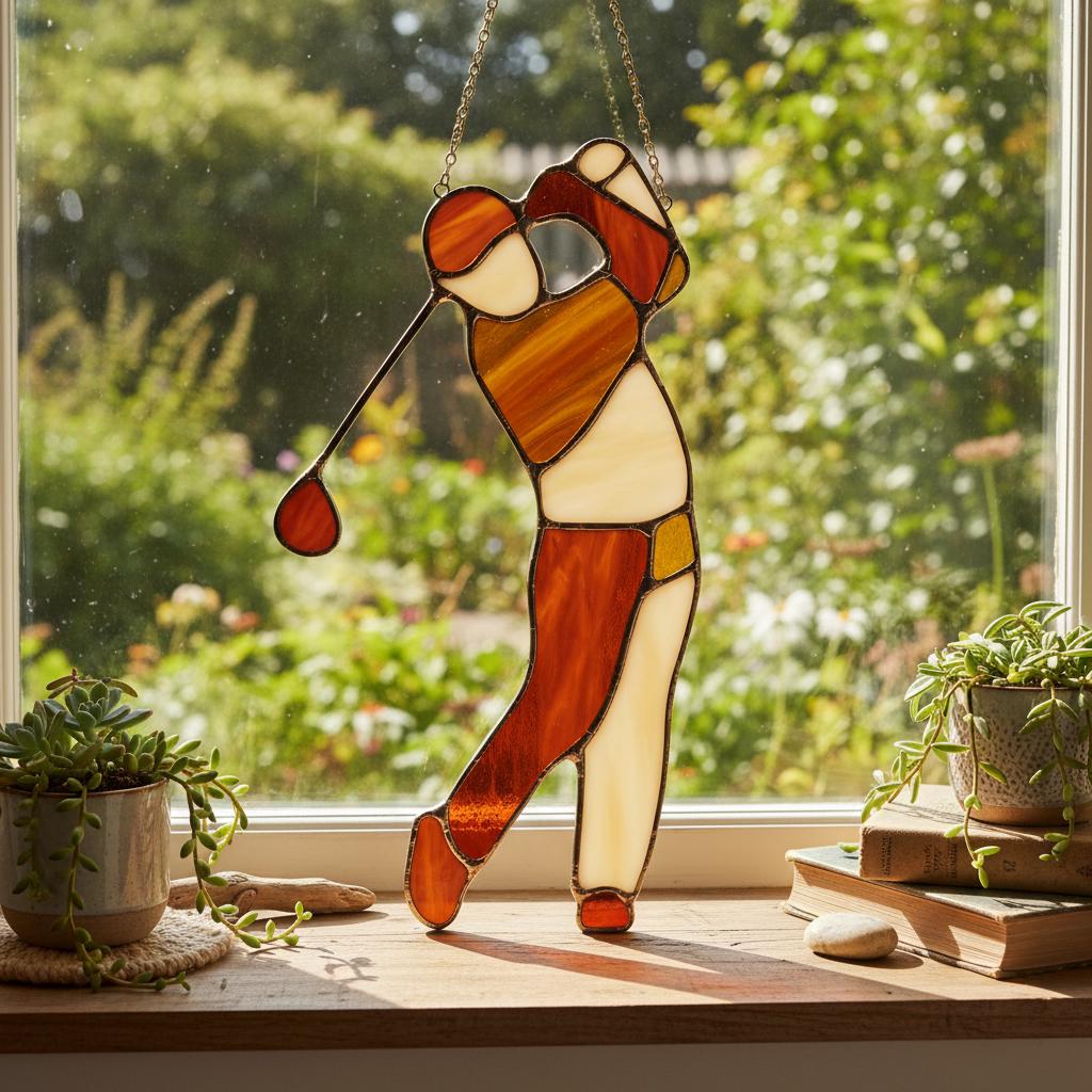 Geometric Golfer Stained Glass Pattern Modern Sports Suncatcher ...