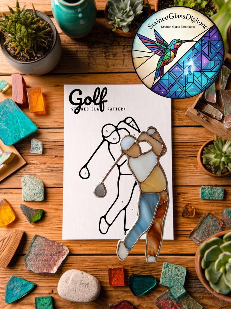 Geometric Golfer Stained Glass Pattern Modern Sports Suncatcher ...