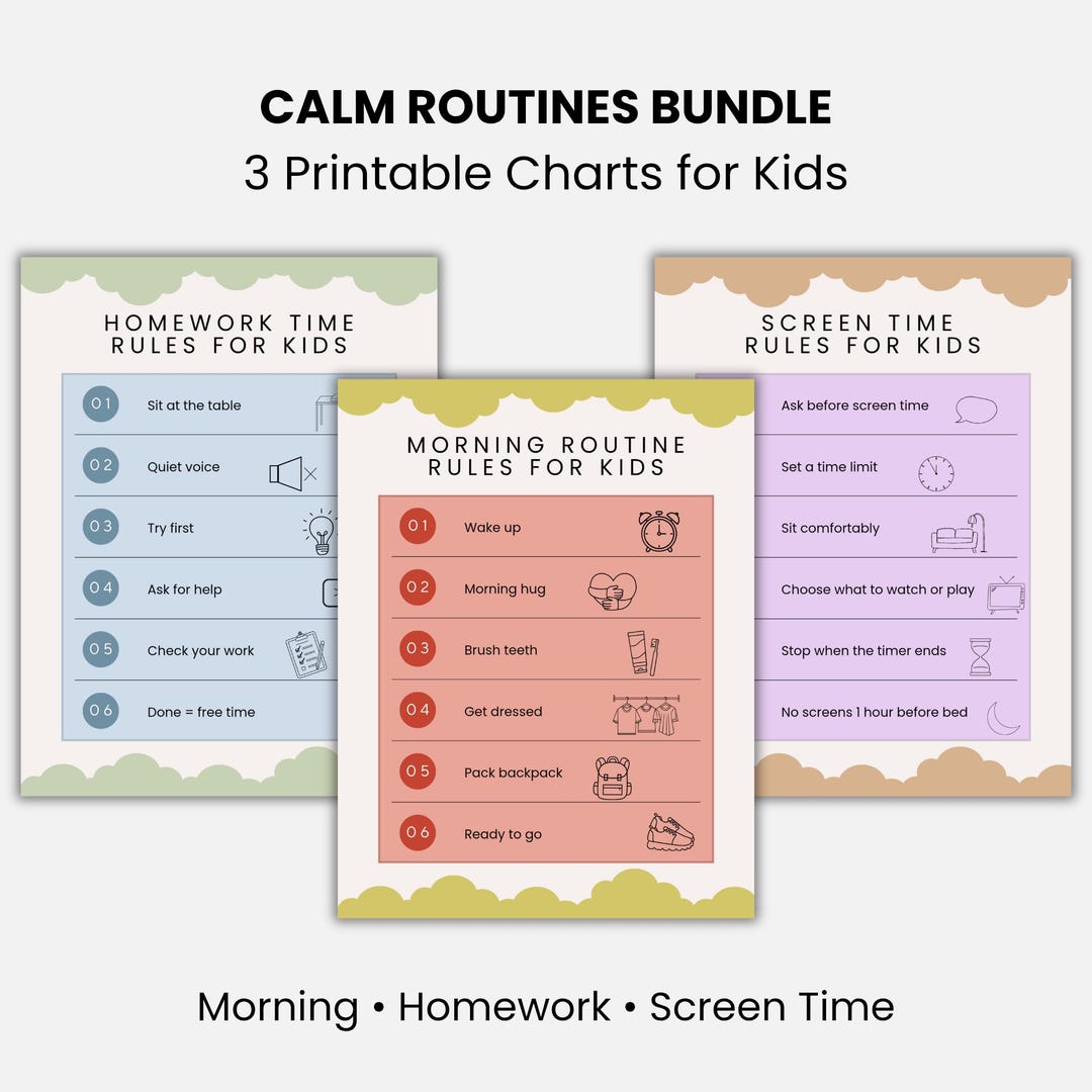 Kids Daily Routine Bundle. Printable Morning, Homework & Screen Rules ...