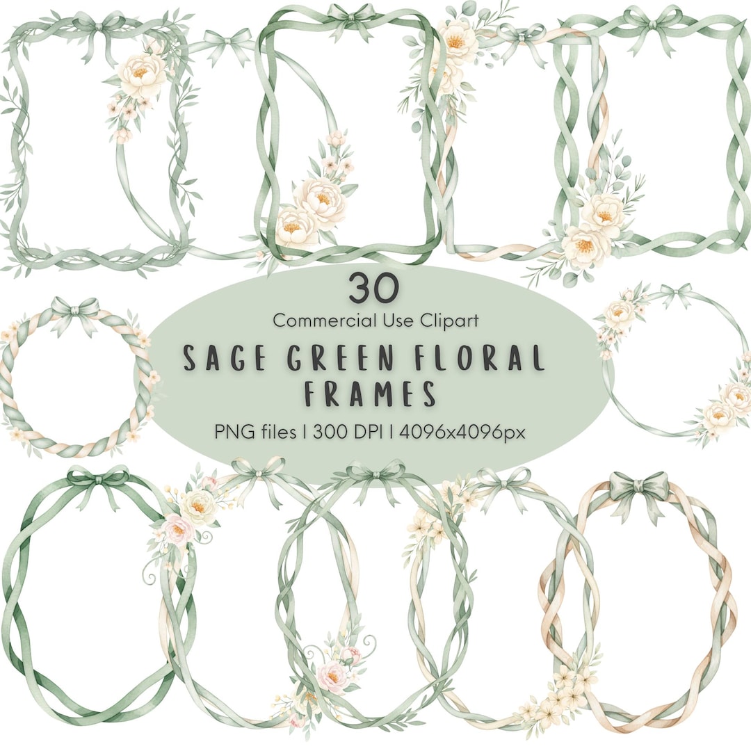 Watercolor Floral Frames Clipart – Sage Green Ribbon Bows (PNG Digital ...