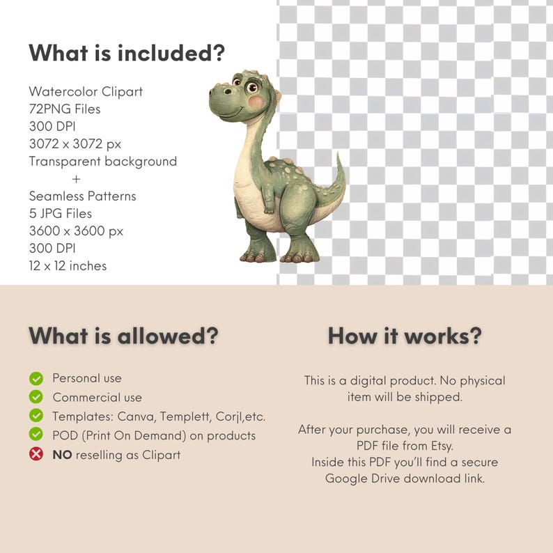Cute Dinosaur Clipart PNG, Baby Dino Nursery Watercolor, Neutral Green ...