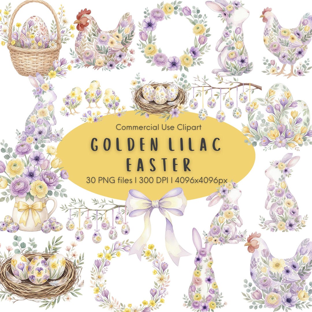 Golden Lilac Easter Clipart Set, Yellow Purple Floral Bunny Chicken ...