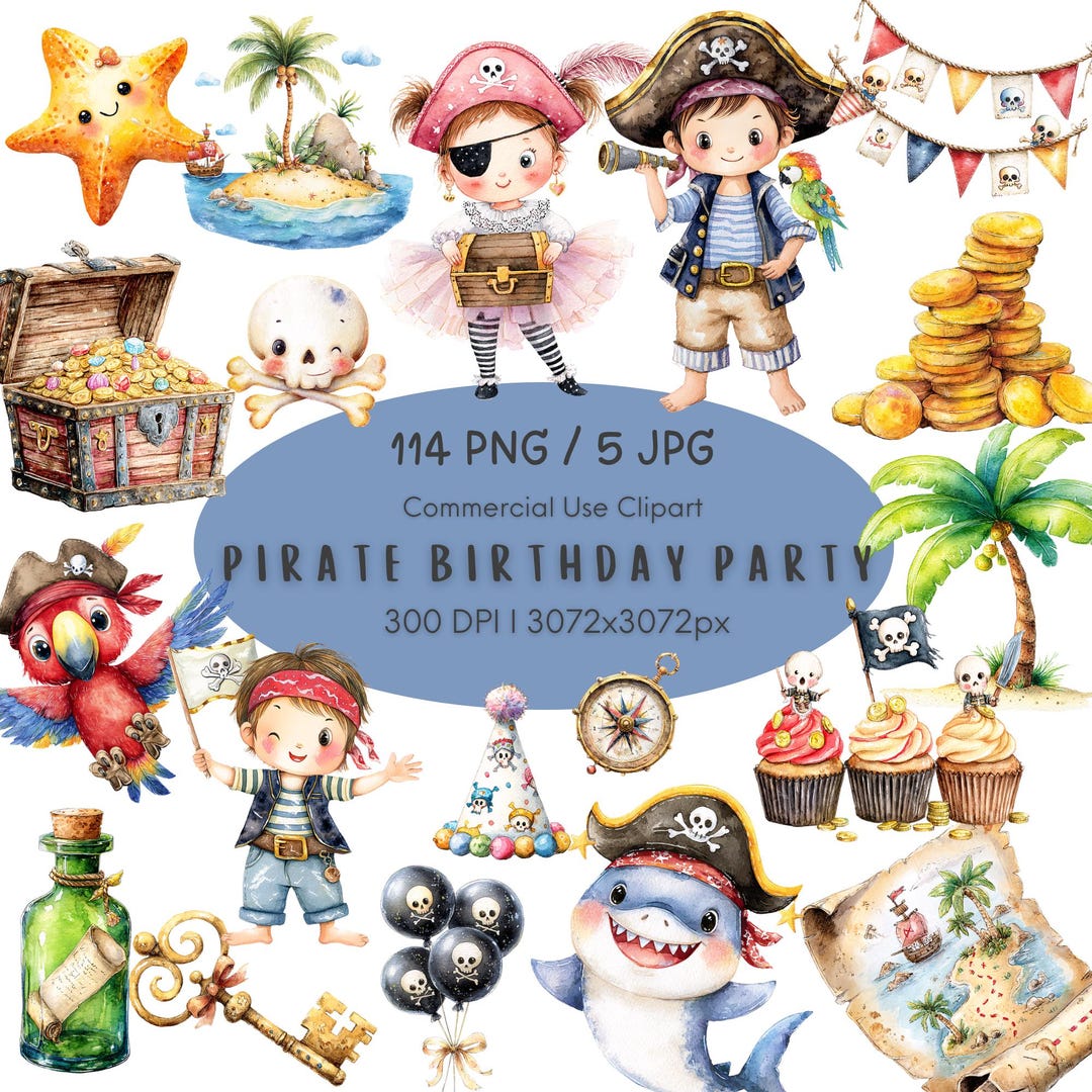 Watercolor Pirate Birthday Clipart Bundle – Kids Party Graphics ...