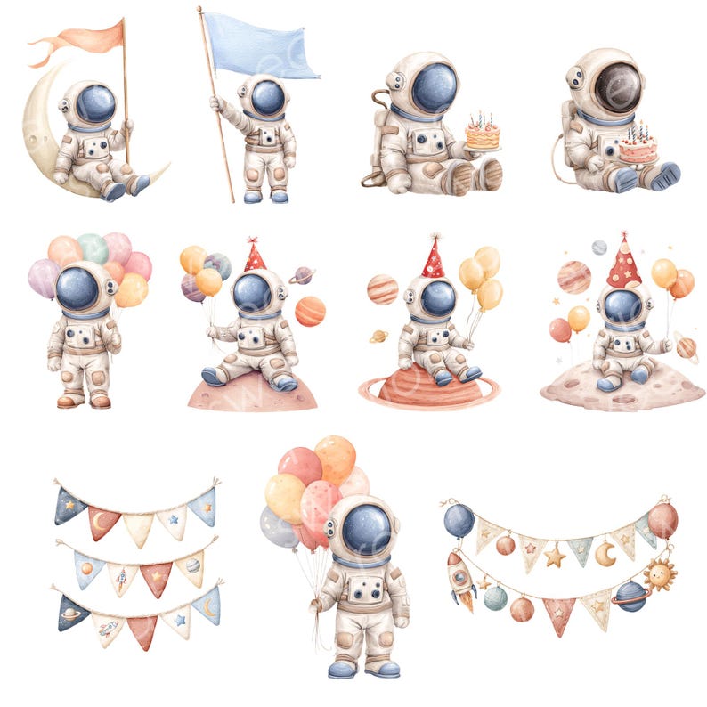 Space Birthday Clipart PNG, Little Astronaut Watercolor Party Bundle ...
