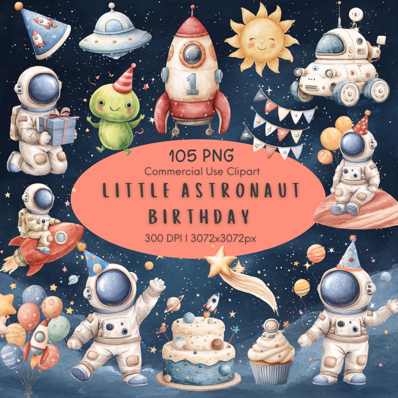 Space Birthday Clipart PNG, Little Astronaut Watercolor Party Bundle ...