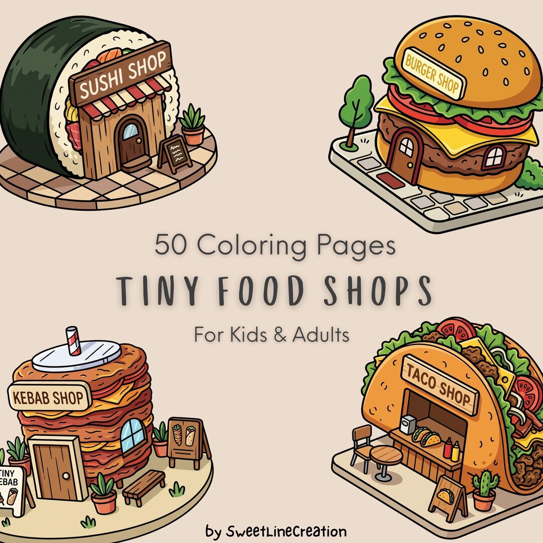 Printable Coloring Pages – Cute Food Shops Coloring Book for Kids ...