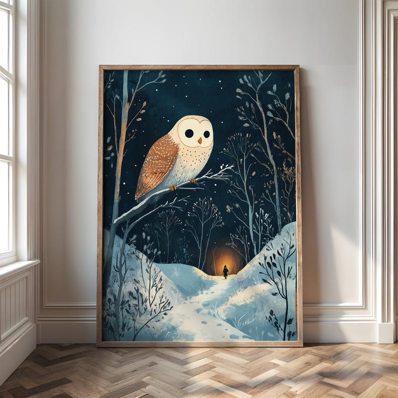 Barn Owl on Winter's Branch Printable - Folk Art Owl in Snowy Woodland ...