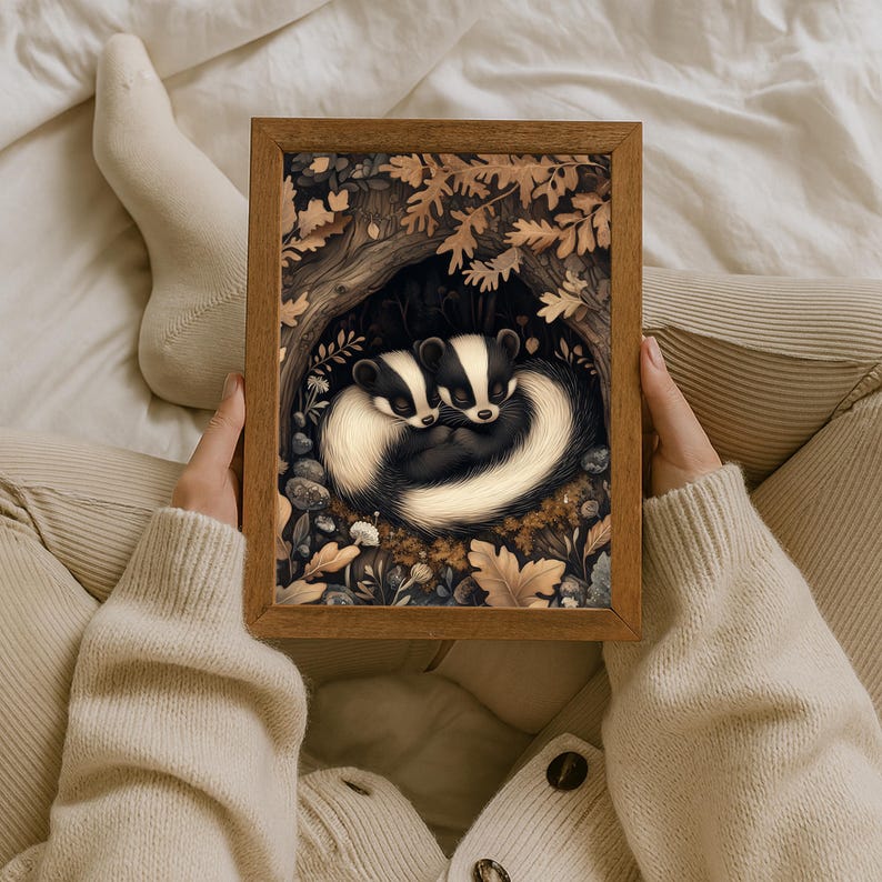 Rustic Cozy Woodland Skunk Pair Art, Printable Cottagecore Animal Decor ...