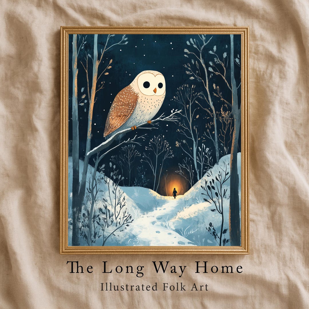Barn Owl on Winter's Branch Printable - Folk Art Owl in Snowy Woodland ...