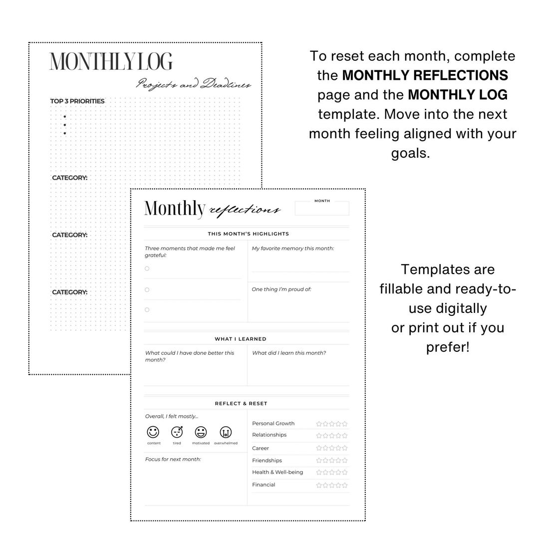 Monthly Reflections and Monthly Log Templates - Fillable PDF or ...