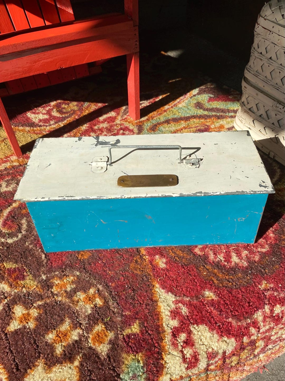 Vintage 50s Unique Sliding Lid Industrial Primitive Blue Metal Tool ...