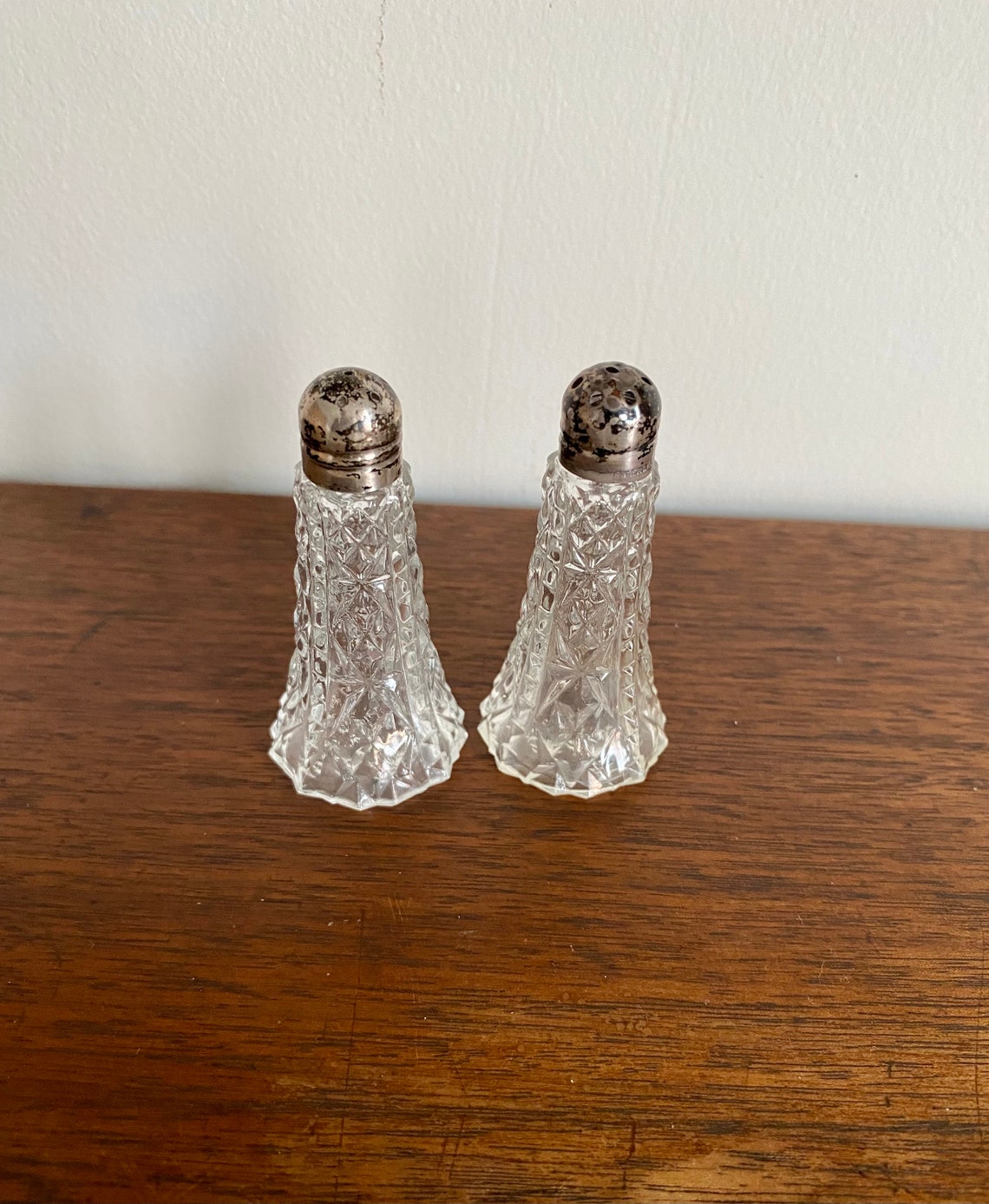 Vintage Mini Glass Salt and Pepper Shakers, Sterling Silver Tops - Etsy