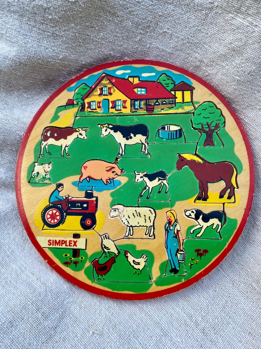 Vintage 50s Rare Simplex Wood Farm Retro Round Complete Jigsaw Puzzle ...