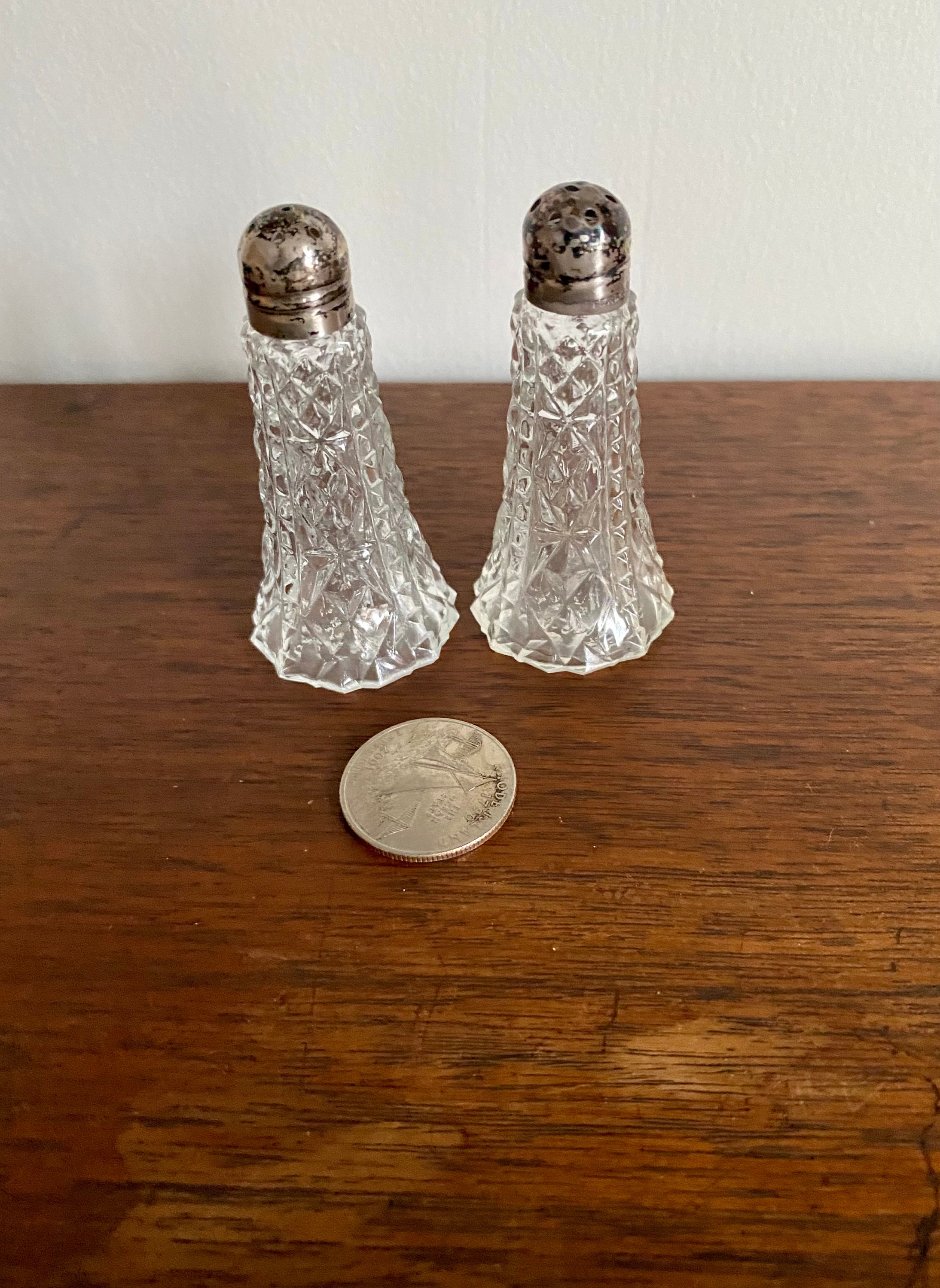 Vintage Mini Glass Salt and Pepper Shakers, Sterling Silver Tops - Etsy