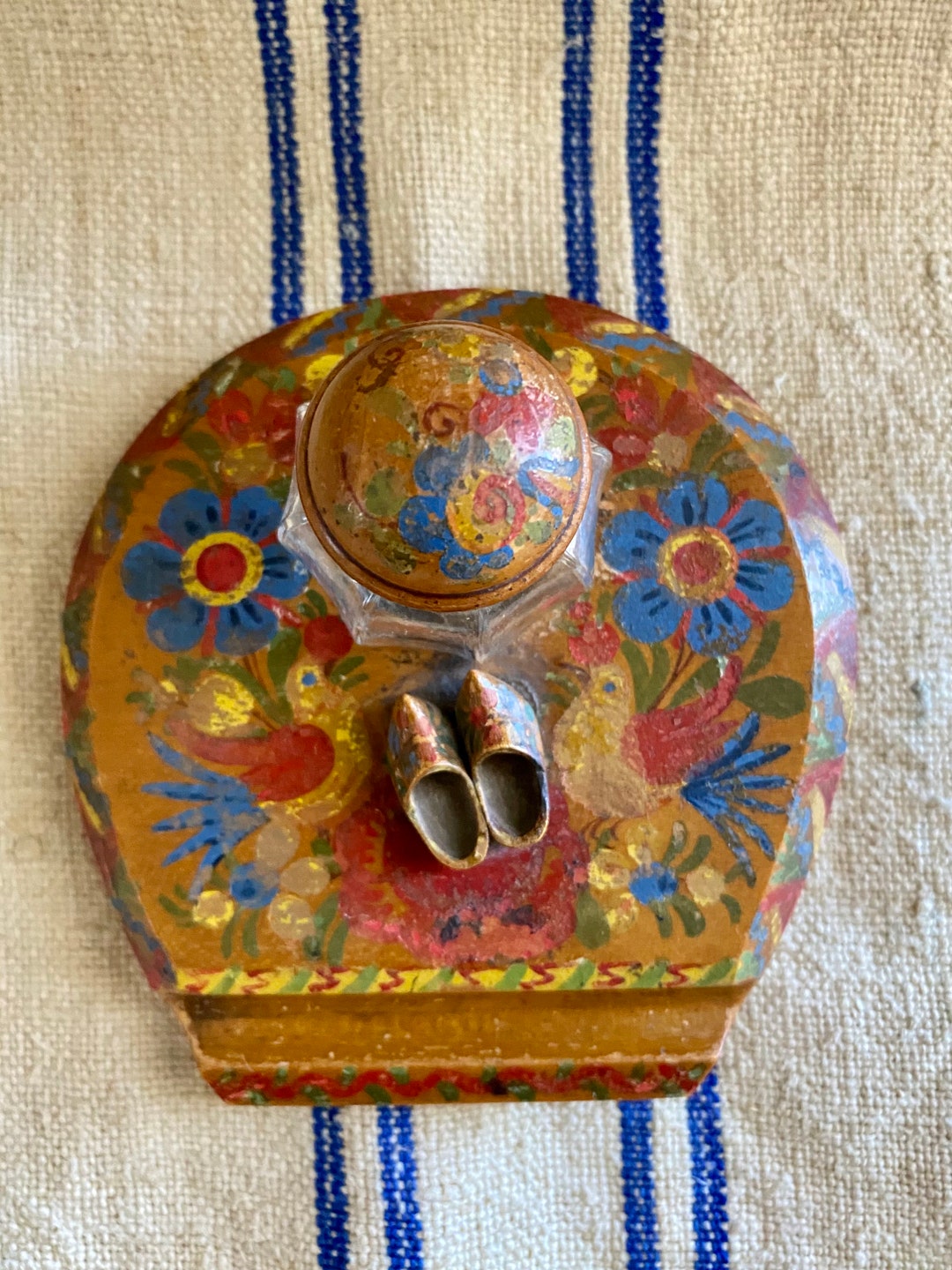 Antique Handmade Wood Inkwell Set With Handpainted Pennsylvania Dutch ...