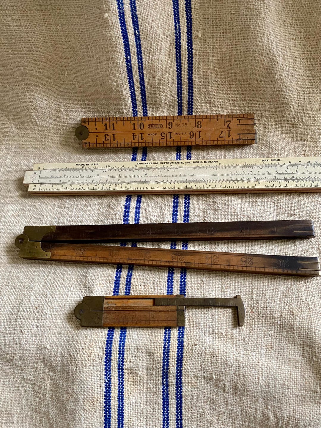 Antique Lot 3 Folding Wood Brass Rulers and 1 Slide Rule Boxwood ...