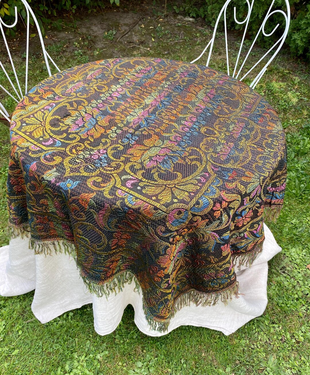 Antique 1920s Shimmery Silky Brocade Tapestry Fringed Tablecloth ...