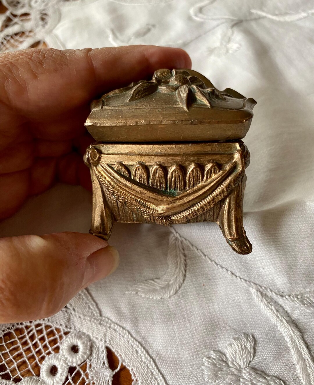 Antique Art Nouveau Early 1900s Cast Metal Trinket Vanity Keepsake Silk ...