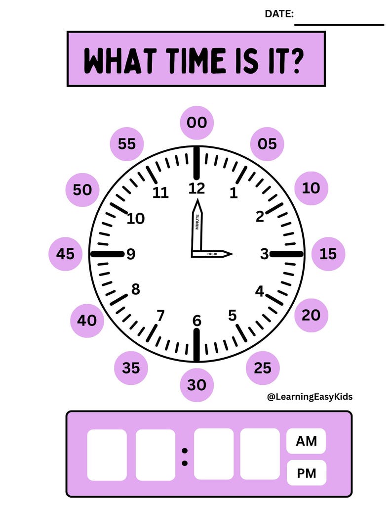 Telling Time Clock Worksheet | Pre-k, KG Activity (PDF Download) - Etsy ...