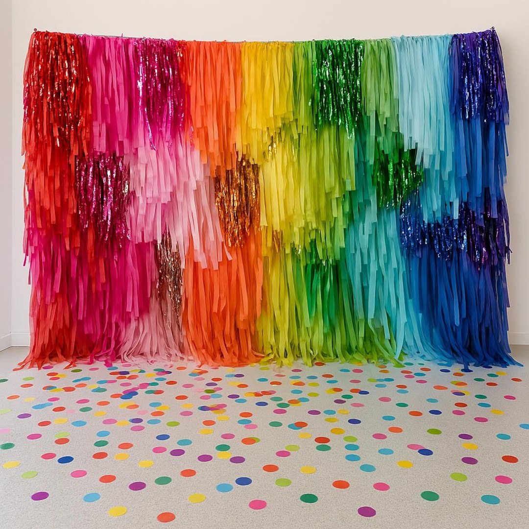 Rainbow Fringe Streamer Backdrop: Handmade Tinsel Party Decor - Etsy