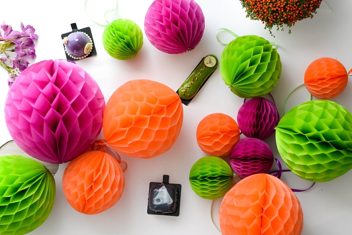 Paper Honeycomb Pom Poms Set of 8 Birthday Decoration S - Etsy