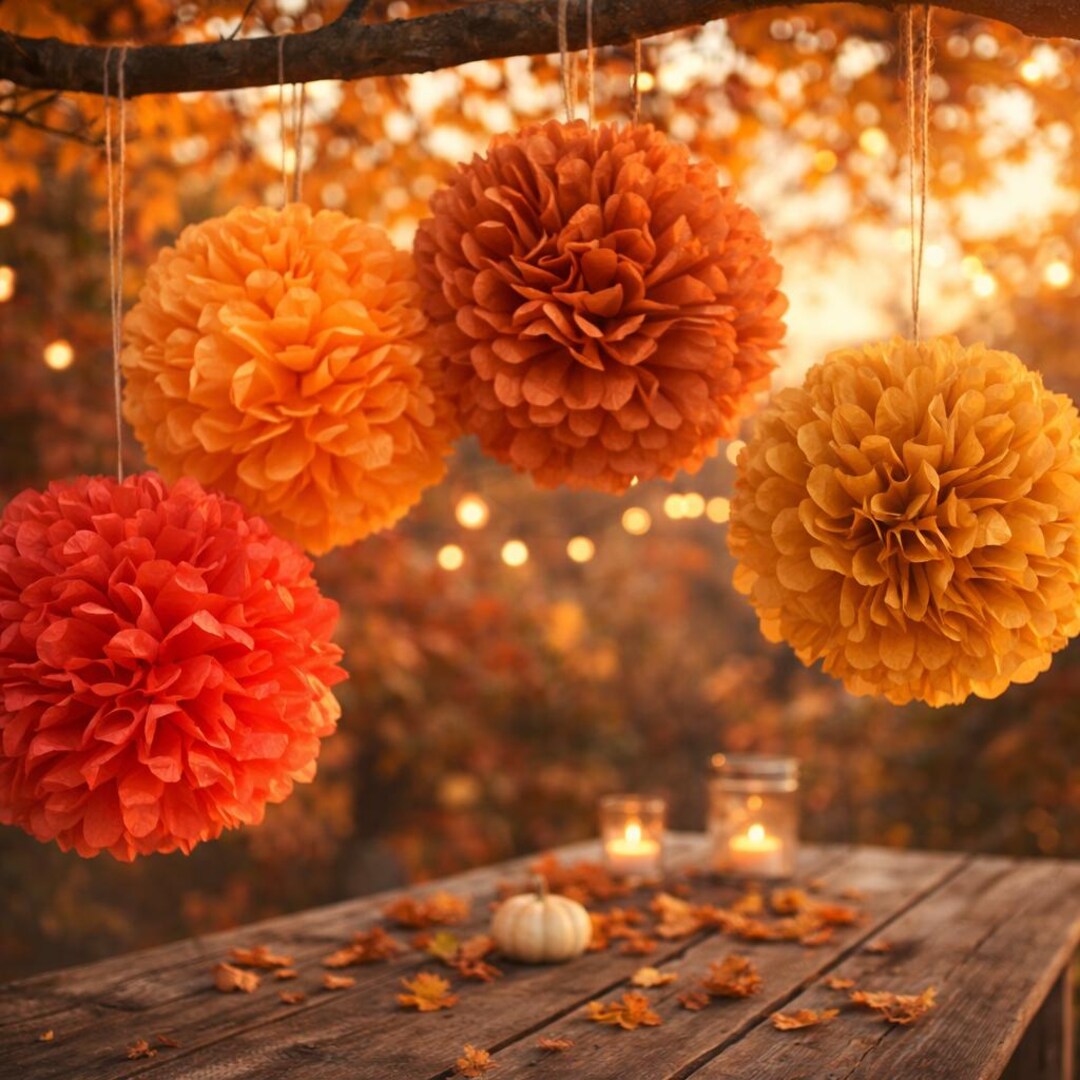 Fall Tissue Paper Pom Poms – Set of 12 Large Decorations for Autumn ...