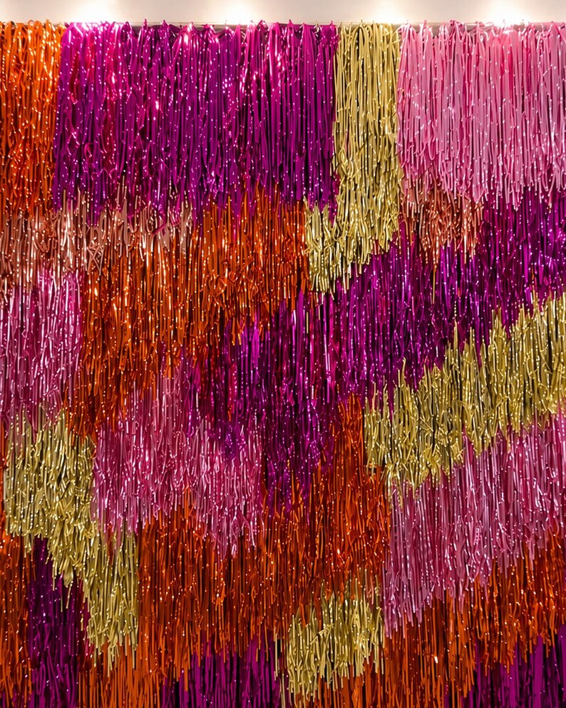 Hot Pink Orange Gold Fringe Backdrop, Shimmer Tinsel Curtain, Metallic ...