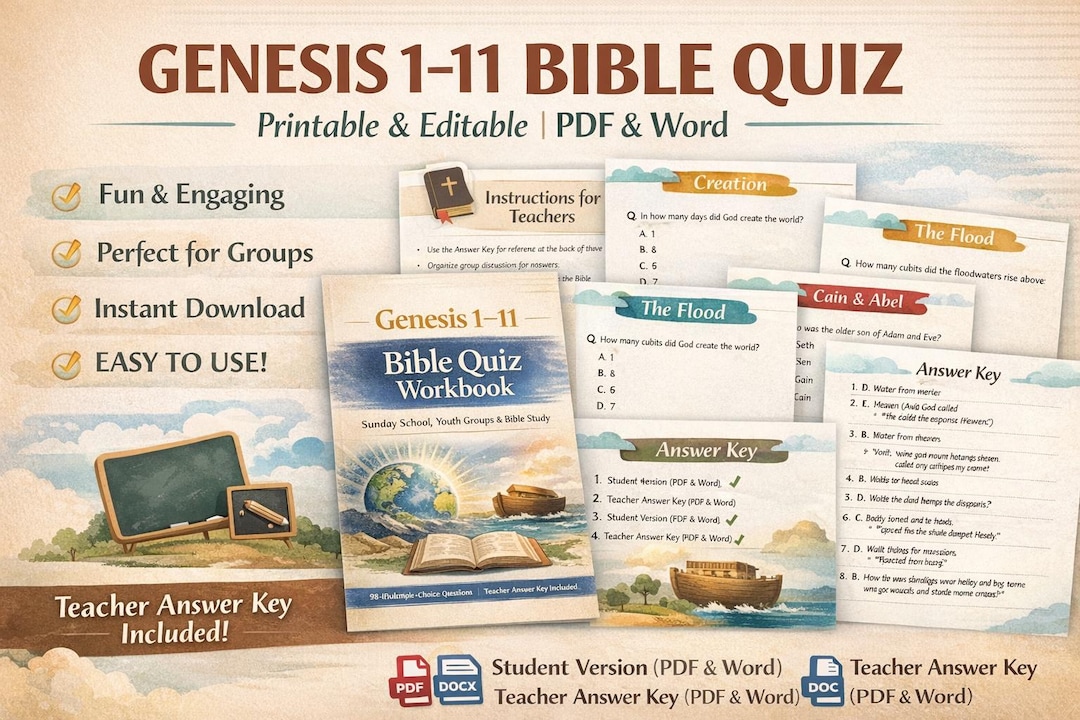 Genesis 1–11 Bible Quiz Workbook. 46 Questions. Printable PDF and ...
