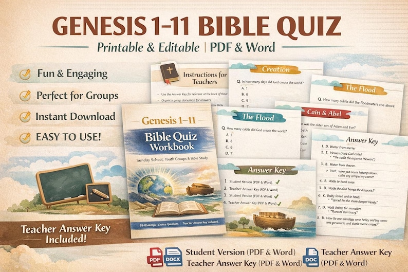 Genesis 1–11 Bible Quiz Workbook. 46 Questions. Printable PDF and ...