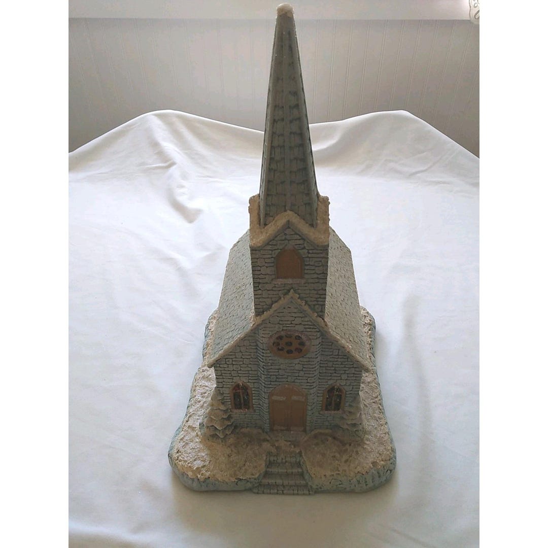 Ceramic Winter Church Blow Mold Blue White Gold Mock Stained Glass ...