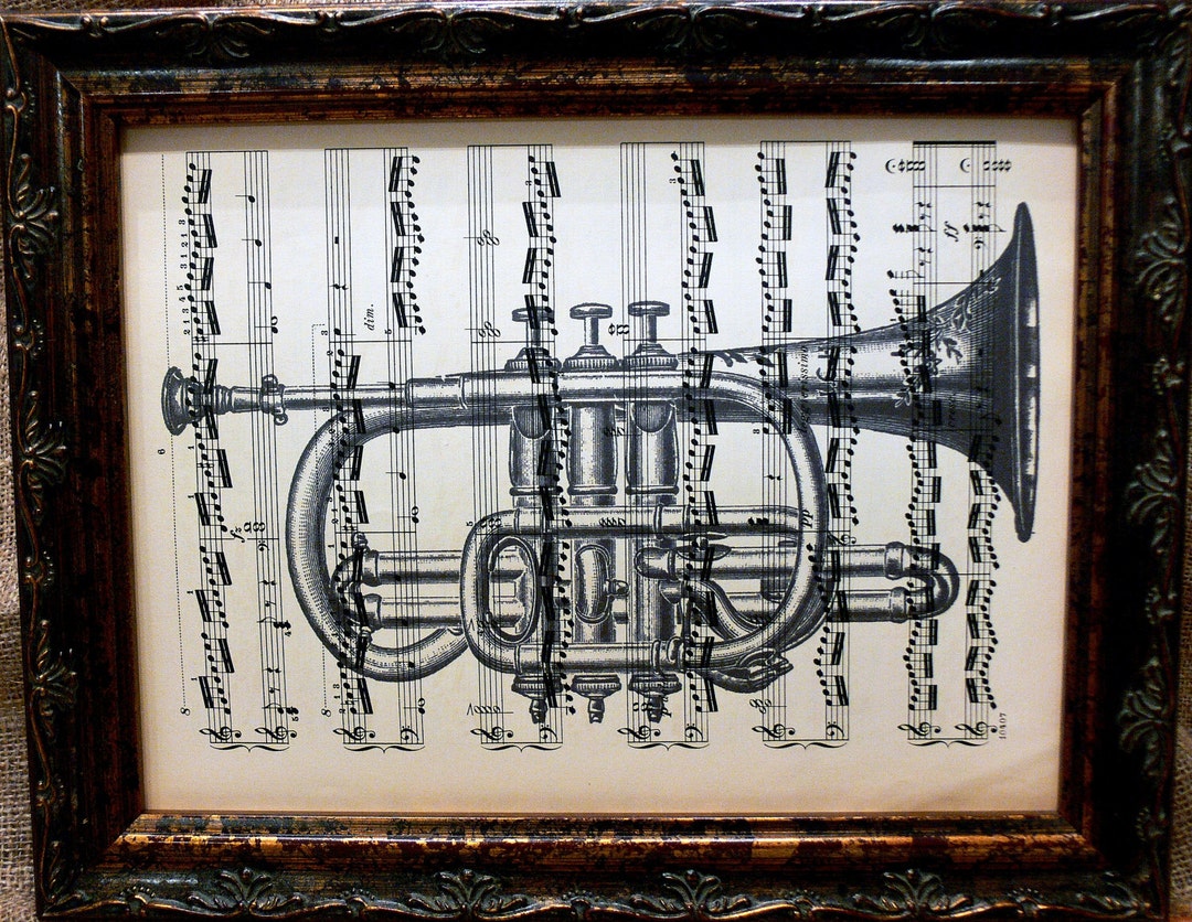 Trumpet Art Print on Antique Music Book Page - Etsy