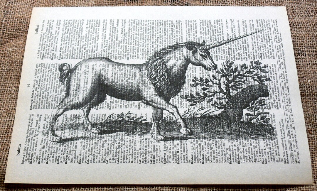 Vintage Unicorn Art Print on Vintage Dictionary Book Page - Etsy