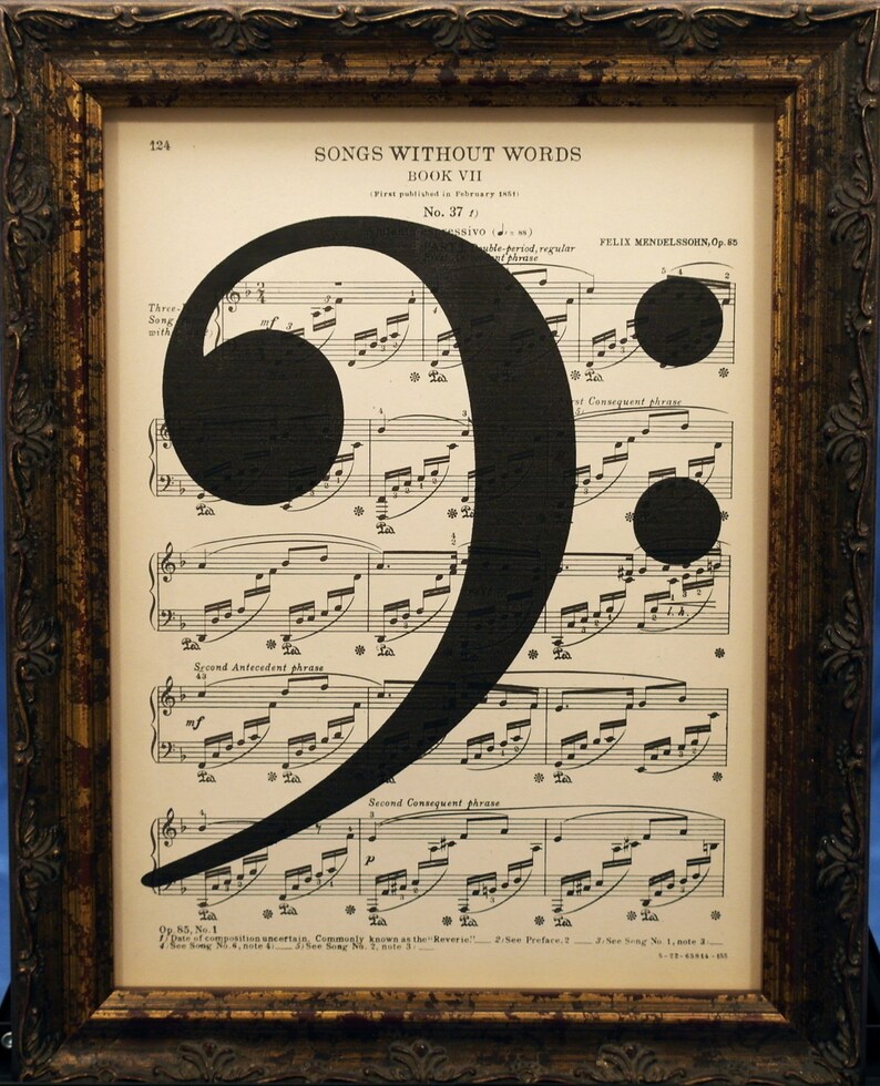 Bass Clef Music Note Art Print on Antique Music Book Page | Etsy