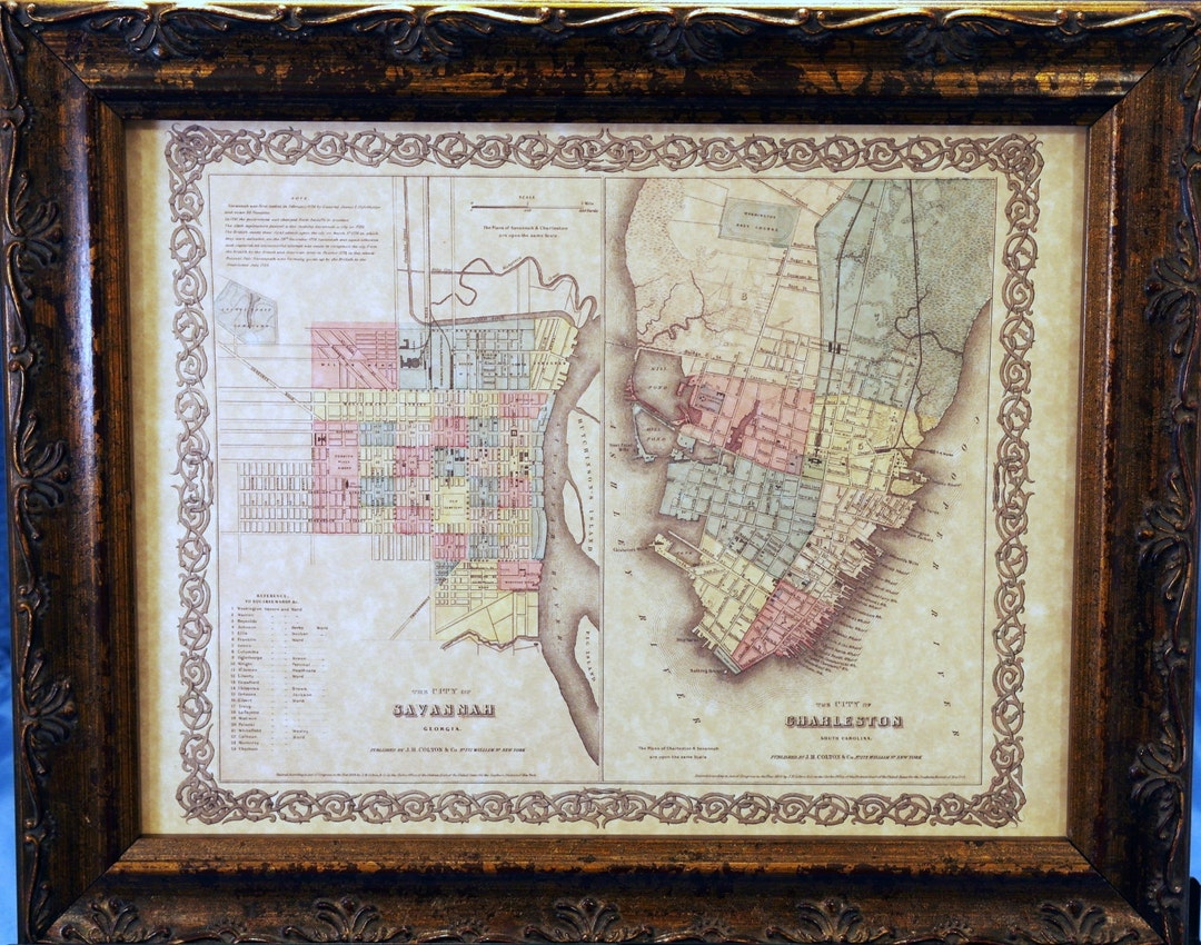 City of Savannah GA and Charleston SC Map Print of an 1856 Map on ...