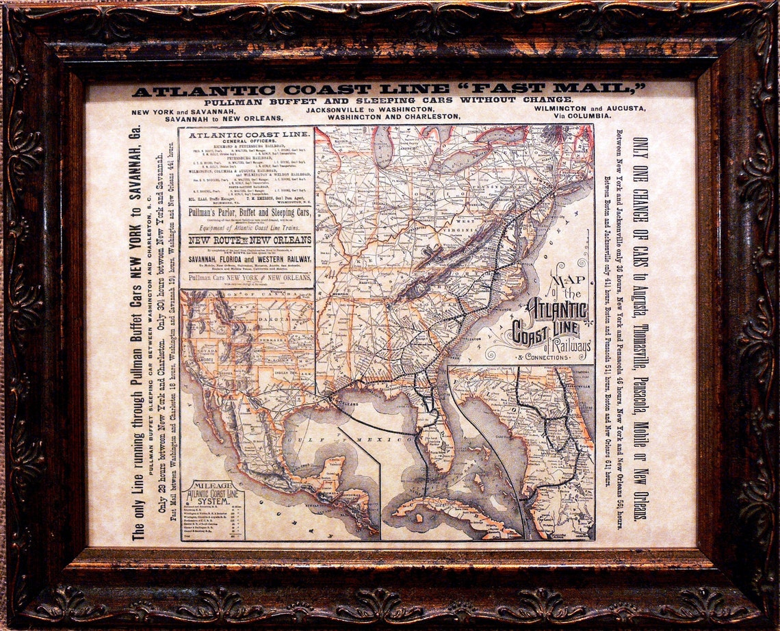 Atlantic Coast Line Railway Map Print of an 1885 Map on Parchment Paper ...