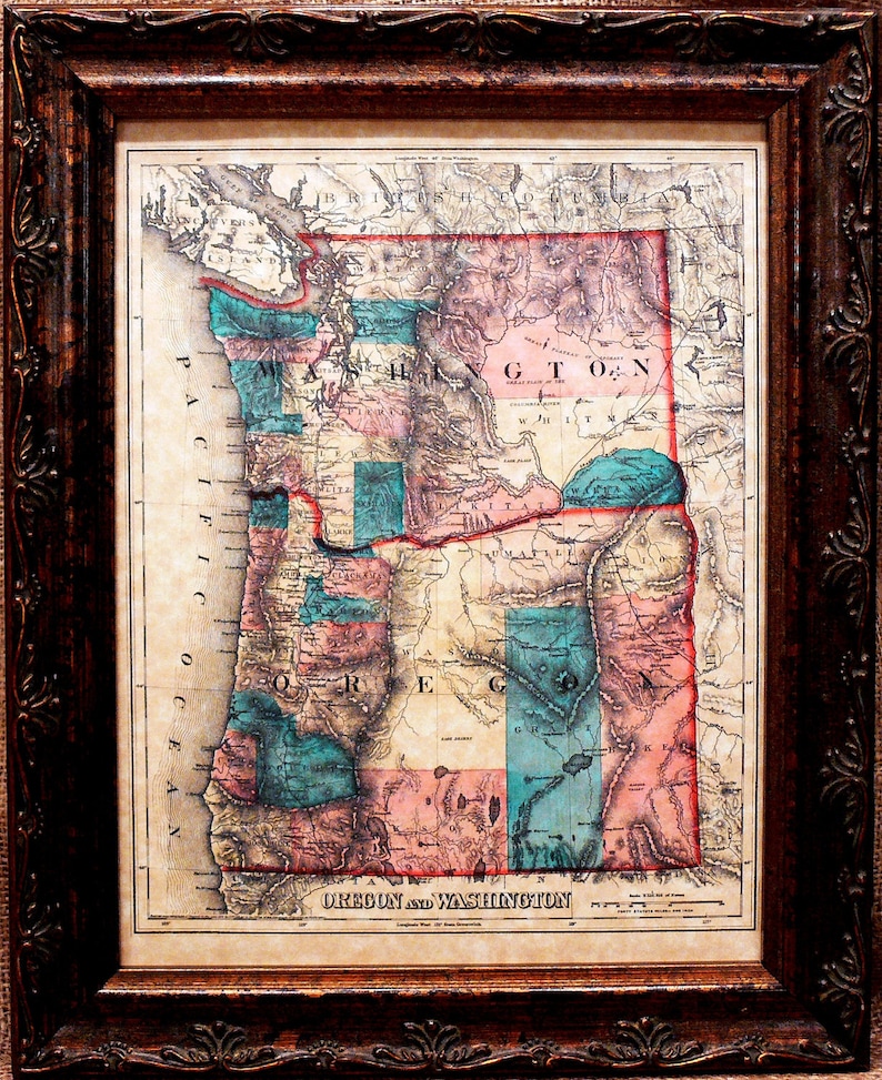 Oregon-washington State Map Print of an 1875 Map on Parchment - Etsy