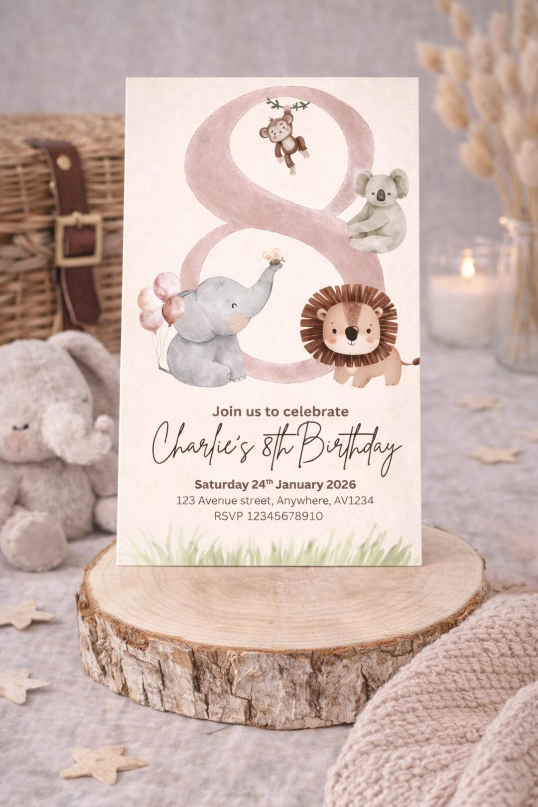 Safari 8th Birthday Invitation | Neutral Jungle Animal Number Eight ...
