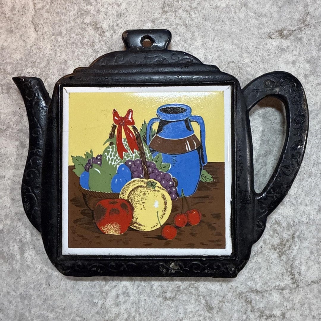 Vintage Ceramic Tile Teapot Shaped Cast Iron Trivet Fruit Basket Wear ...