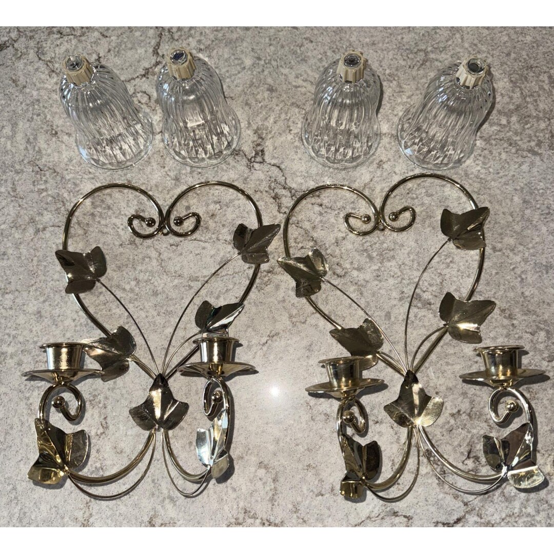 Pair VTG Homco MCM Gold Heart Double Arm Candle Holder Wall Sconce ...
