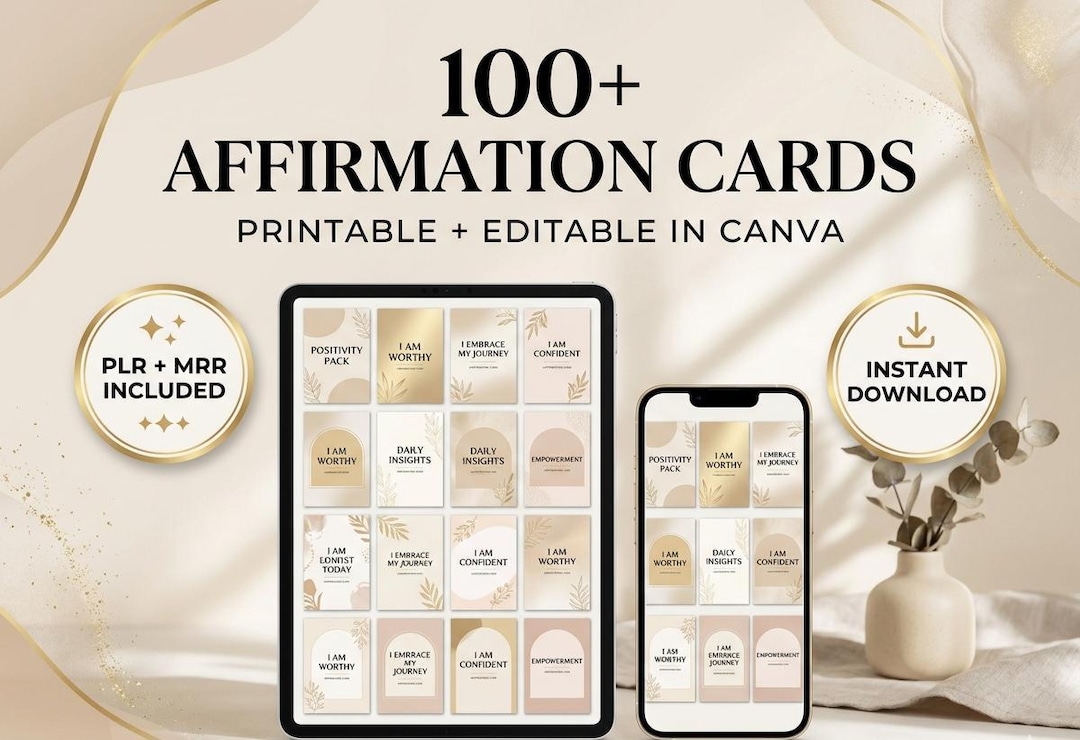 100+ Affirmation Cards Printable | Canva Template, PLR MRR (digital ...