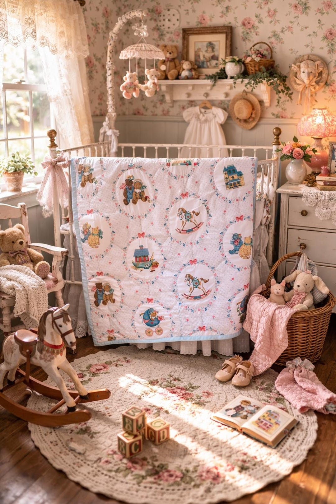 Vintage Storybook Baby Quilt | 80s Pastel Nursery Decor - Etsy
