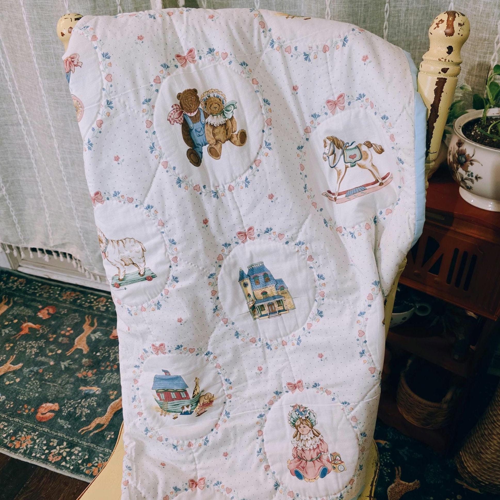Vintage Storybook Baby Quilt | 80s Pastel Nursery Decor - Etsy