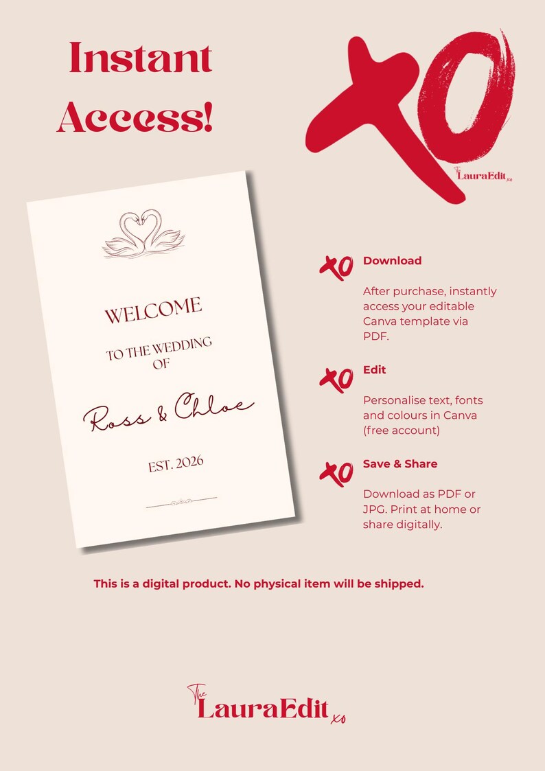 Editable Wedding Welcome Sign Template | Swan, Burgandy & Cream ...
