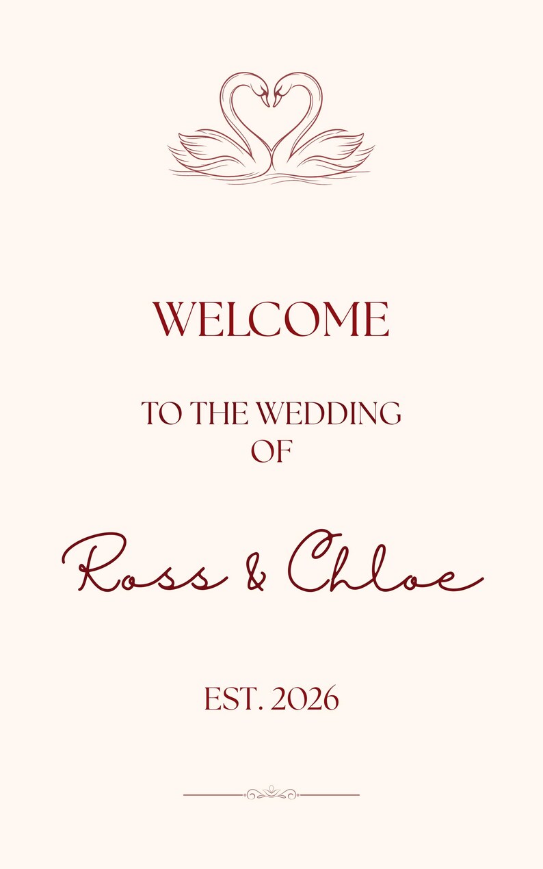 Editable Wedding Welcome Sign Template | Swan, Burgandy & Cream ...