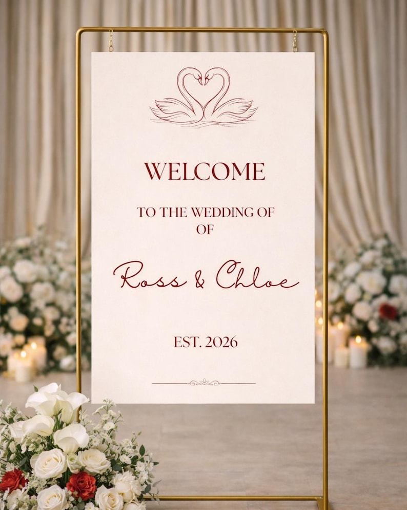Editable Wedding Welcome Sign Template | Swan, Burgandy & Cream ...