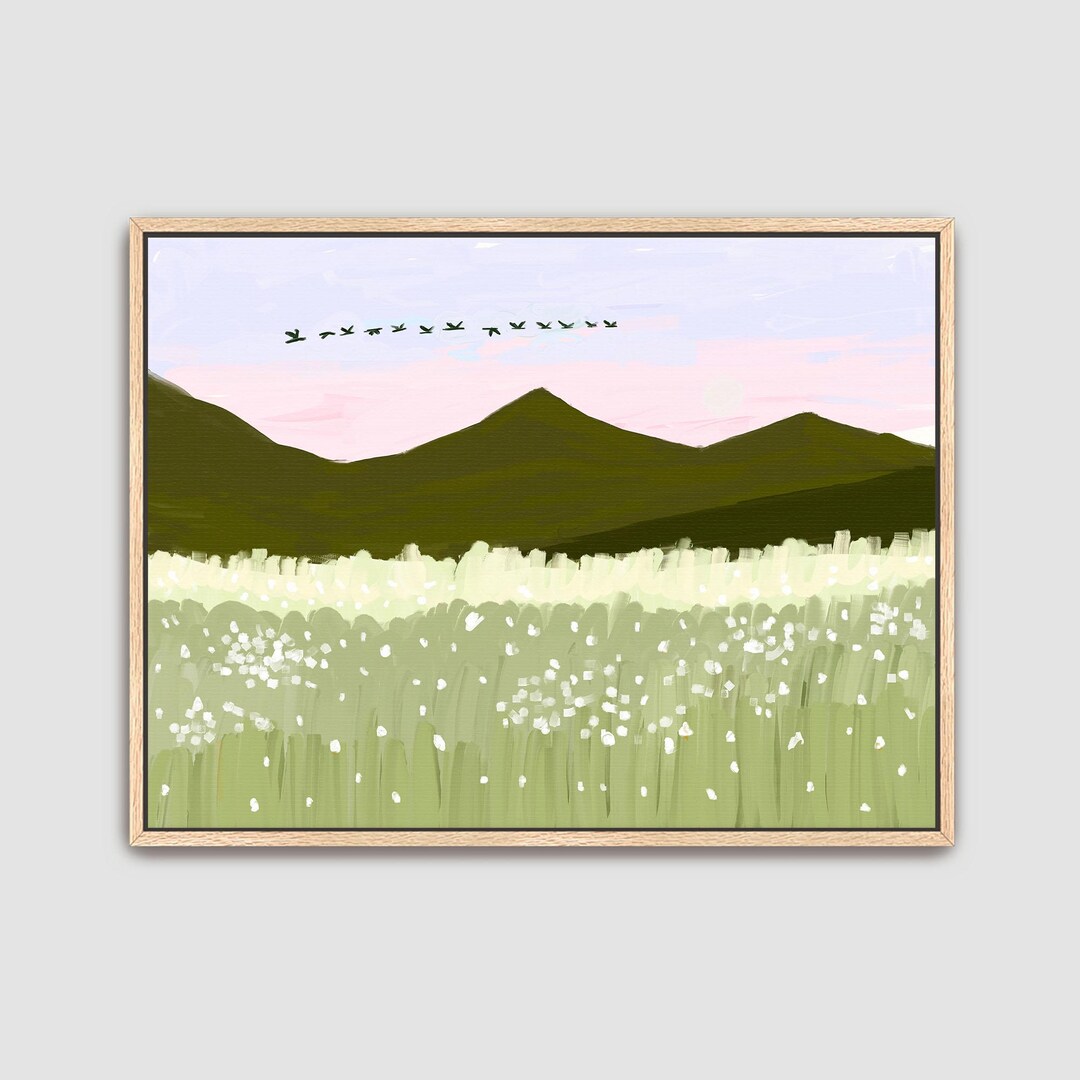 Calm Green Landscape Giclée Print, Minimalist Nature Painting, Birds ...